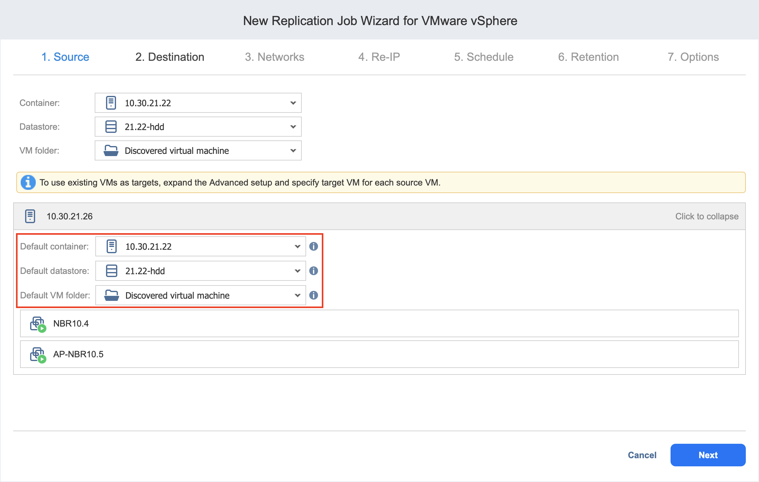 Replication Job Wizard for VMware: Destination